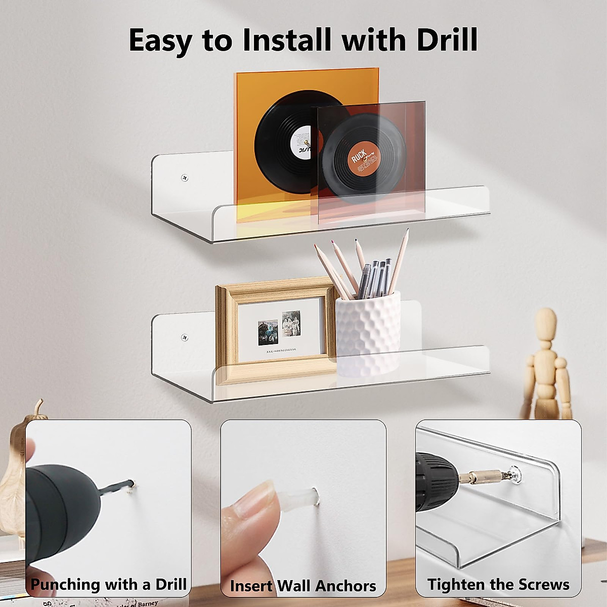 LIKMYPICK 4 Pack Acrylic Shelves for Wall, 15" Clear Floating Shelves for Bathroom,Bedroom,Kitchen, Floating Wall Shelves for Wall Decor Display Book,Photo,Makeup, Mounted with Screwdriver