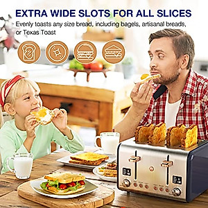 JOY Kitchen Digital Countertop Extra Wide 4-Slice Toaster, 6 Browning Levels with Bagel, Defrost Settings, Countdown Timer, Removable Crumb Tray & Cord Storage, Stainless Steel with Rose Gold Accents