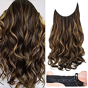 REECHO Invisible Wire Hair Extensions with Transparent Headband Adjustable Size Removable Secure Clips in Curly Wavy Secret Hairpiece for Women 20 Inch - Dark Chocolate Brown with Golden blonde mixed