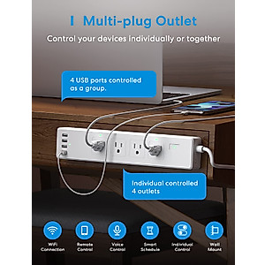 meross Smart Plug Power Strip, WiFi Flat Outlet 15A Compatible with Apple HomeKit, Siri, Alexa, Google Assistant & SmartThings, with 4 AC Outlets & 4 USB Ports, 6 Feet Surge Protector Extender