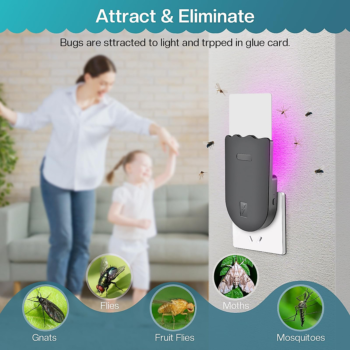 Fly Traps Indoor, Fruit Gnat Fly Traps for House, Two Light Modes, No Odor, Gnat Catcher Control for Indoor Plants, 1 Plug in Device + 5 Fly Traps Refills