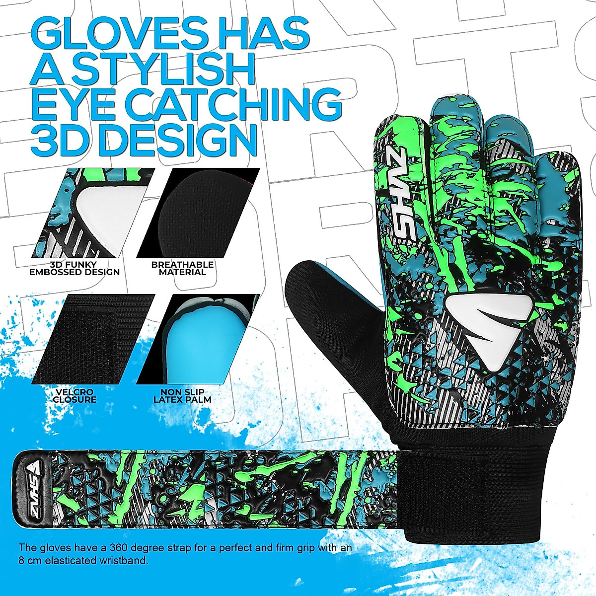 Shaz Soccer Goalkeeper Gloves for Kids Boys Children Youth,Funky Football Goalie Gloves Anti Slip 4mm Latex Palm with Strong Grip & Double Wrist Protection (Size 8 Suitable for Size M-L Adult, Cyan)