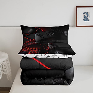 Feelyou Gamer Comforter Set for Boys Teens Kids Game Headphones Keyboard Mouse Gamepad Duvet Cover Twin Size Black Red Gaming Bedding Set Game Peripherals Decor Quilted Duvet Set with 1 Pillow Sham