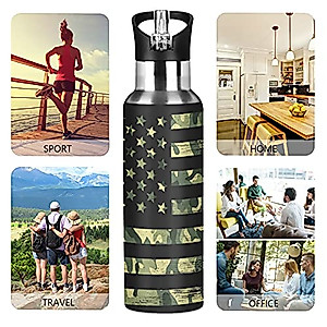 Yasala Water Bottle Camo American Flag Coffee Thermos Stainless Steel Insulated Beverage Container 20 oz with Straw Lid BPA-Free for Sport, Travel, Camping, Back to School