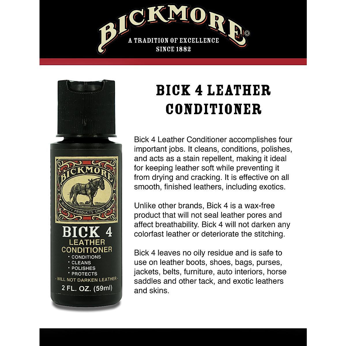 Bick 4 Leather Conditioner and Leather Cleaner 2 oz - Will Not Darken Leather - Safe For All Colors of Leather Apparel, Furniture, Jackets, Shoes, Auto Interiors, Bags & All Other Leather Accessories