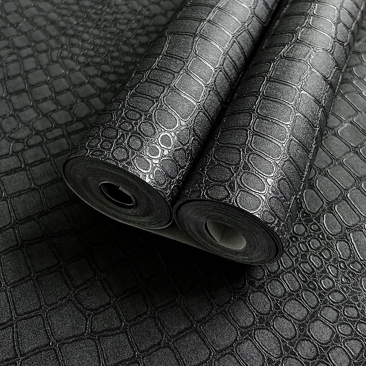 Zeeko 17.3 X 394 Crocodile Textured Wallpaper Black Peel and Stick Wallpaper - Easy Install & Removable Contact Paper for Cabinet, Bedroom & More