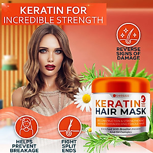 Keratin Hair Mask - Sulfate Free Hydrating Deep Conditioner Treatment for Dry, Damaged and Split Ends - Moisture for Frizzy and Curly Hair - For Women and Men - Moisturizer Care to Repair Damage