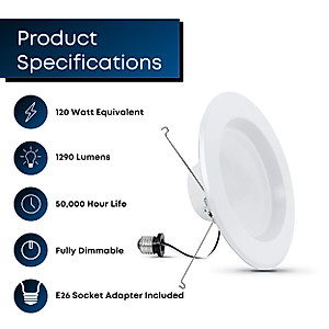 Feit Electric 5,6 inch LED Recessed Downlight, Pre,Mounted Trim, Standard E26 Base Adapter, Dimmable High Output 120W Equivalent, 1290 Lumens, 45 Year Life, 5000K Daylight - LEDR56HO/950CA