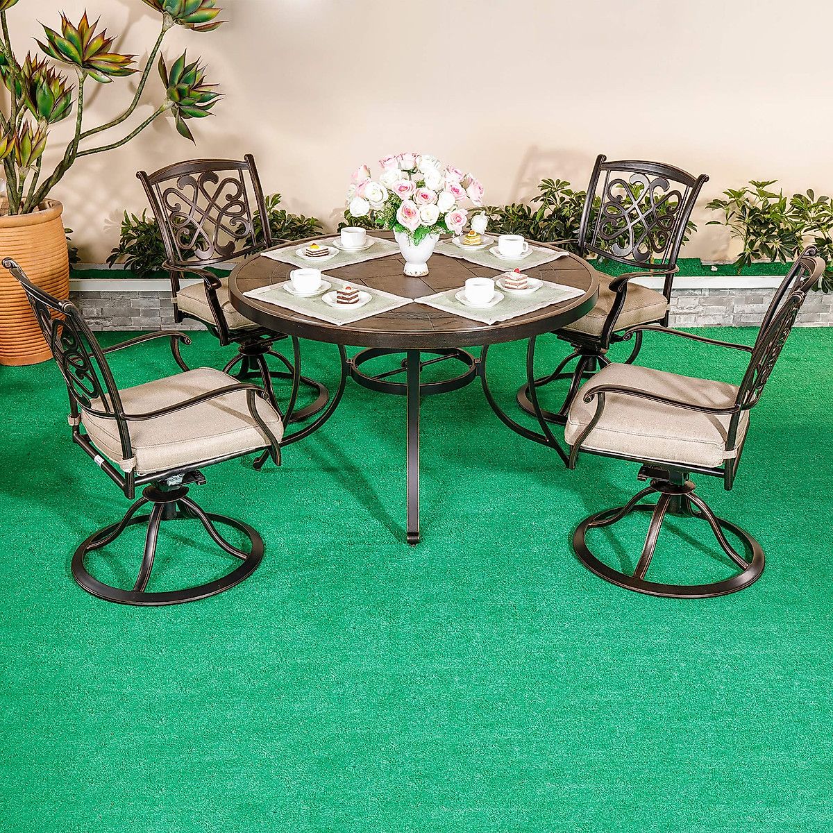 DALI Outdoor 5 Piece Dining Set Patio Furniture, Deep Cushioned Aluminum Swivel Rocker Chair Set with 48 inch Round Crafttech Top Aluminum Table