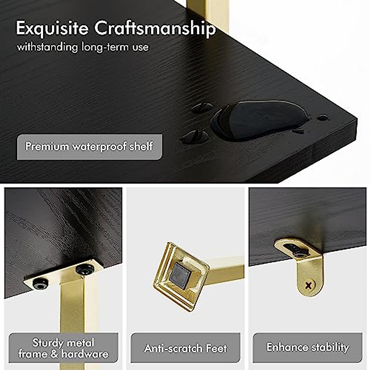 Axeman 5-Tier Ladder Bookcase, Tall Narrow Bookshelf for Small Spaces, Modern Book Storage Organizer Case Open Shelves for Bedroom, Living Room, Office, Library, Gold Metal Frame and Black Shelf