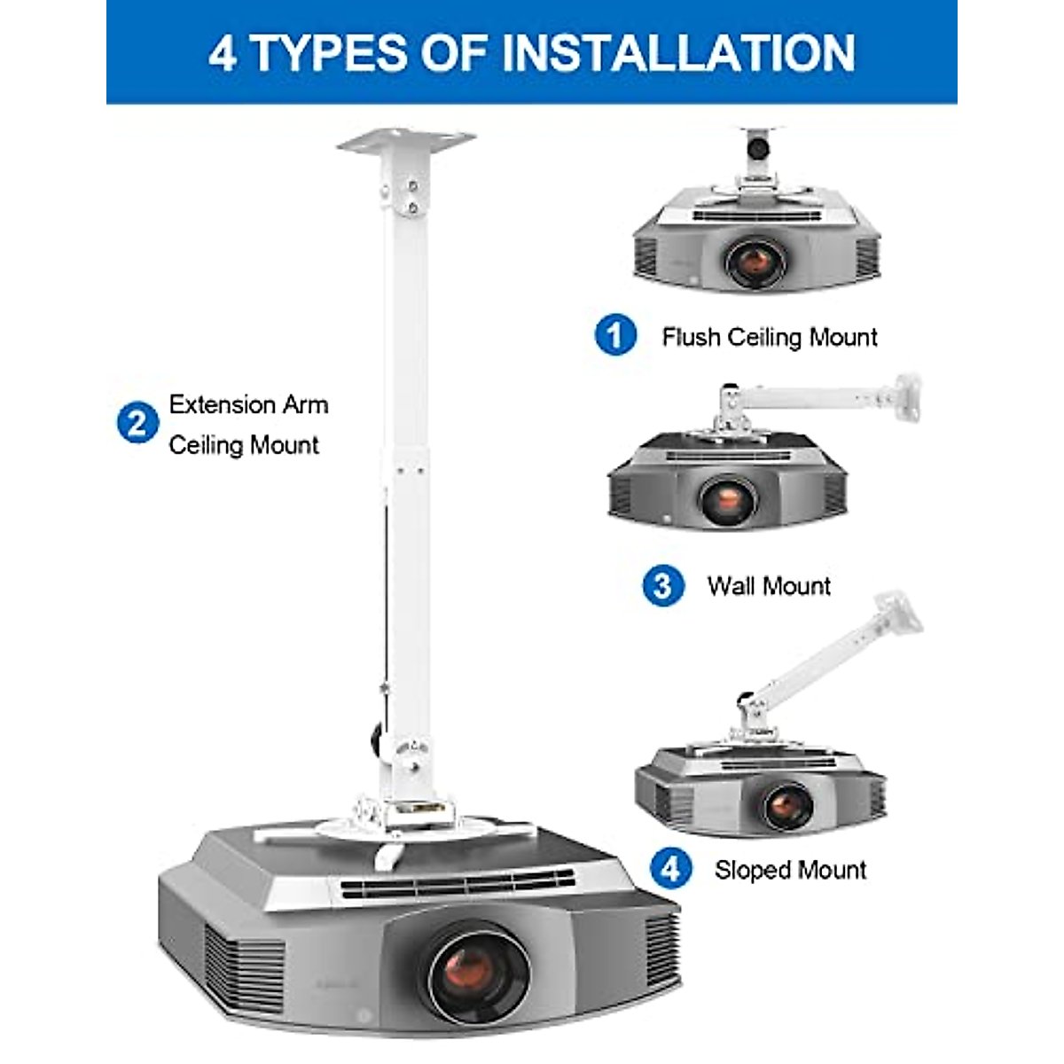 Joy Seeker Universal Wall or Ceiling Projector Mount, Extendable Low Profile Projector Bracket with Height Length Adjustable Arm, Full Motion Projector Holder/Hanger Fits Flat or Sloped Ceiling, White