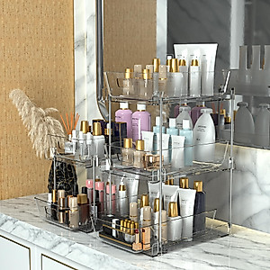 2 Tier Clear Bathroom Organizers 1Pack, Pull Out Organizers and Multi-Purpose Snack Storage, Kitchen Pantry Medicine Cabinet Slide Out Drawer Vanity Counter Organizing Tray, Under Sink Organizer