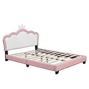 GYYBED Full Size Upholstered Princess Bed with Crown Headboard,Full Bed Frames for Girls Full Bed Frame Girl Full Size Bed Frames for Girls Full Bed Frames for Kids (White+Pink, Full)