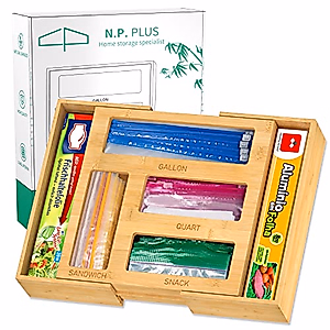NPPLUS Bag Storage Organizer, Expandable Kitchen Drawer Holder, Bamboo Food Storage Bags Dispenser For Gallon, Quart, Sandwich, Snack Freezer Bags and Fits 12" Length Wrap Rolls, (Bamboo)