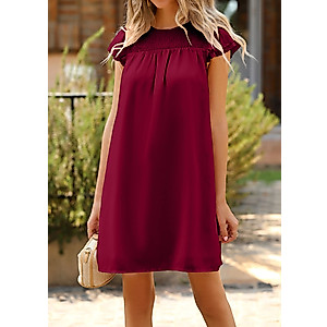 KIRUNDO Wedding Guest Shift Dresses for Women Short Spring Summer Ruffle Cap Sleeve Chiffon Babydoll Flowy Mini Sundress(Jujube Red, Medium)