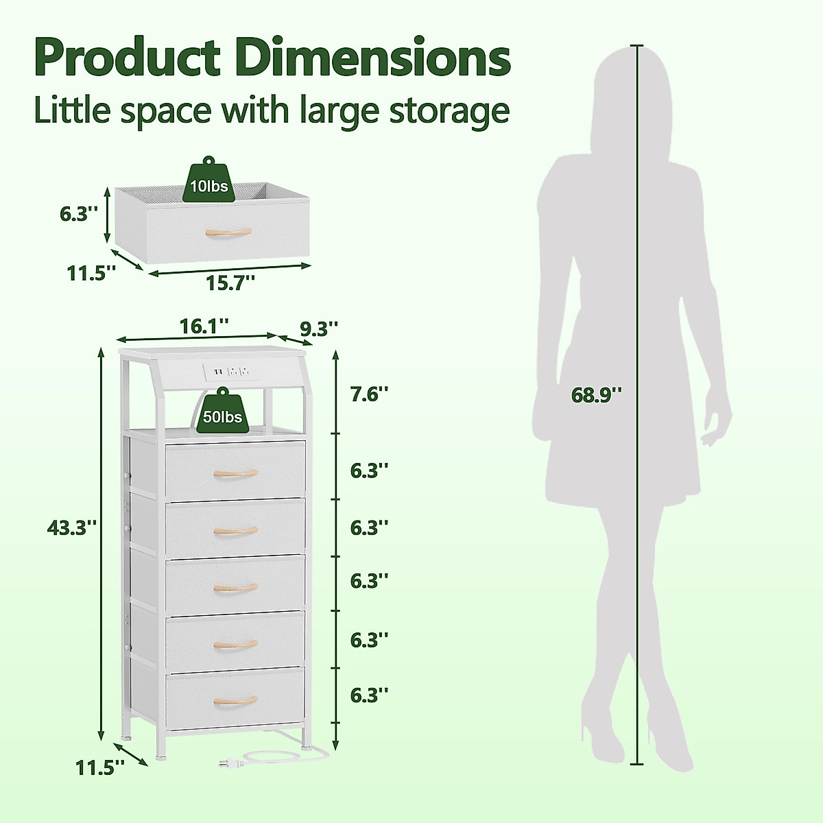 Furnulem 5 Drawers Dresser with Charging Station, Tall Night Stand with Open Shelf, Storage Tower with PVC & Fabric Drawer, Bedside Table for Bedroom, Closet, Entryway, 3 Ways to Use, White