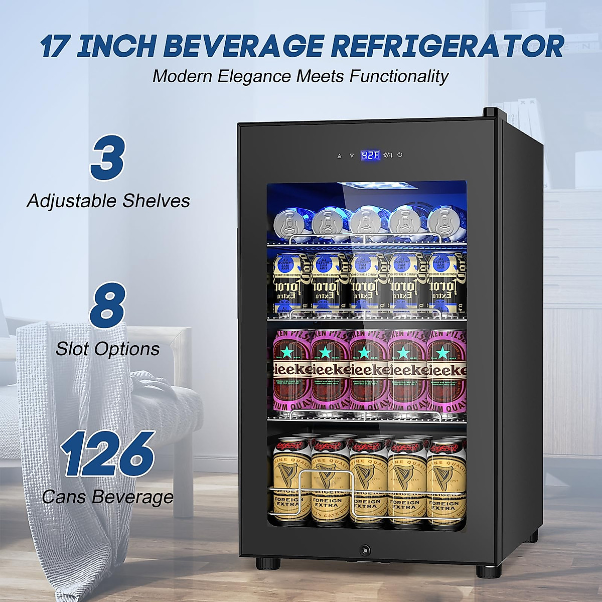 Beverage Refrigerator and Cooler Freestanding, 96 Cans Mini Fridge with glass door and Lock, Small Drink Fridge for Soda, Beer, Wine, For Home Bar Office with LED Light, with Adjustable Thermostat
