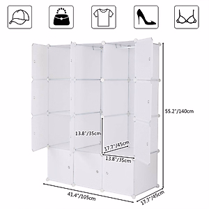 Wardrobe 12 Cube Organizer Stackable Plastic Cube Storage Shelves Design Multifunctional Modular Closet Cabinet with Hanging Rod White Doors