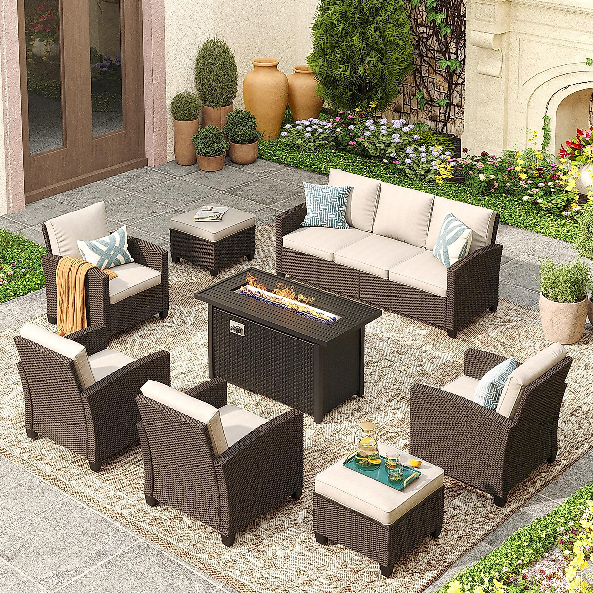 VICLLAX 8 Pieces Wicker Patio Furniture Set with Fire Pit Table 44.8" Metal Top, 3-Seat Sofa, 4 Single Chairs, 2 Ottomans, Outdoor Conversation Set for Garden, Poolside, Backyard, Beige Cushion