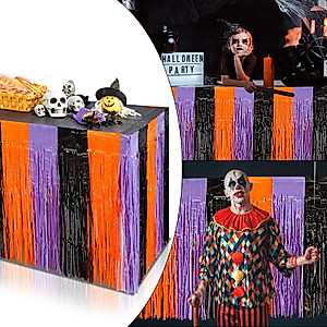 Jexine 6 Pack 9.84 ft Halloween Day Table Skirts Happy Halloween Table Foil Fringe Orange Purple Black Tinsel Table Skirt Metallic Fringe Table Decorations for Tables Supplies(Purple, Orange, Black)