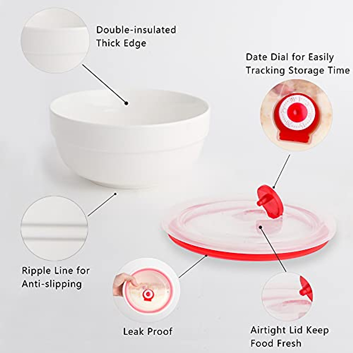 HAPPY KIT 6" 24oz Bowls with Lids, Airtight Food Storage Containers with Lids, Porcelain Soup Bowls Set of 4 for Cereal, Soup, Salad, Rice, or Pasta, Thick-edge Non-slip Design