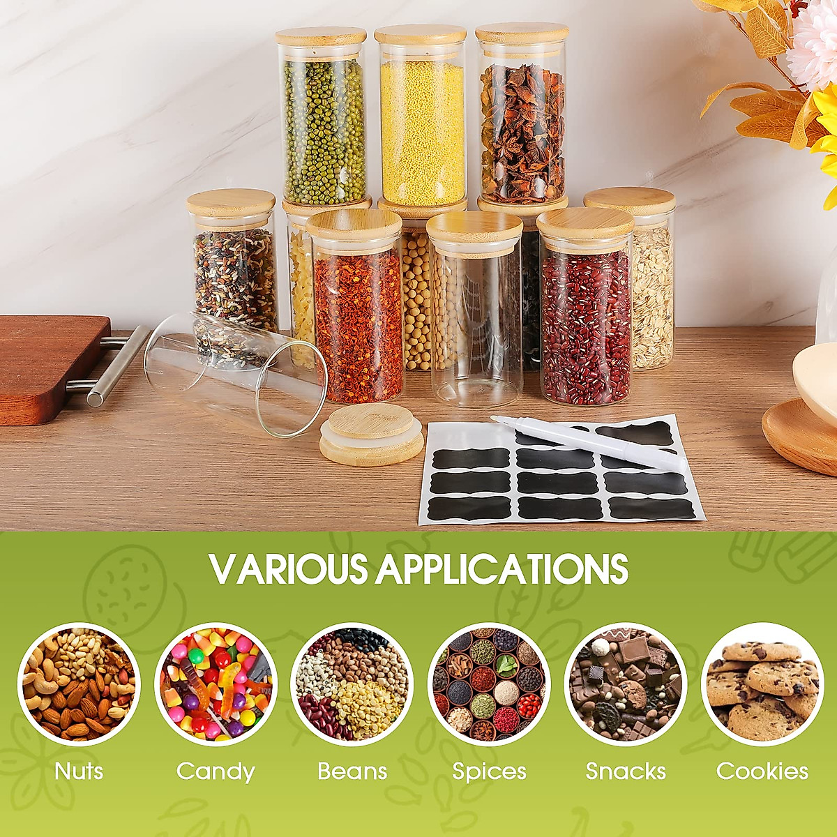 Glass Jars with Bamboo Lids,12 Pack Spice Jars with Bamboo Lids,10oz (300ml) Glass Storage Jars,Glass Canisters with Wood Airtight Lids,Labels,Glass Storage Containers for Food,Beans,Candy,Spice