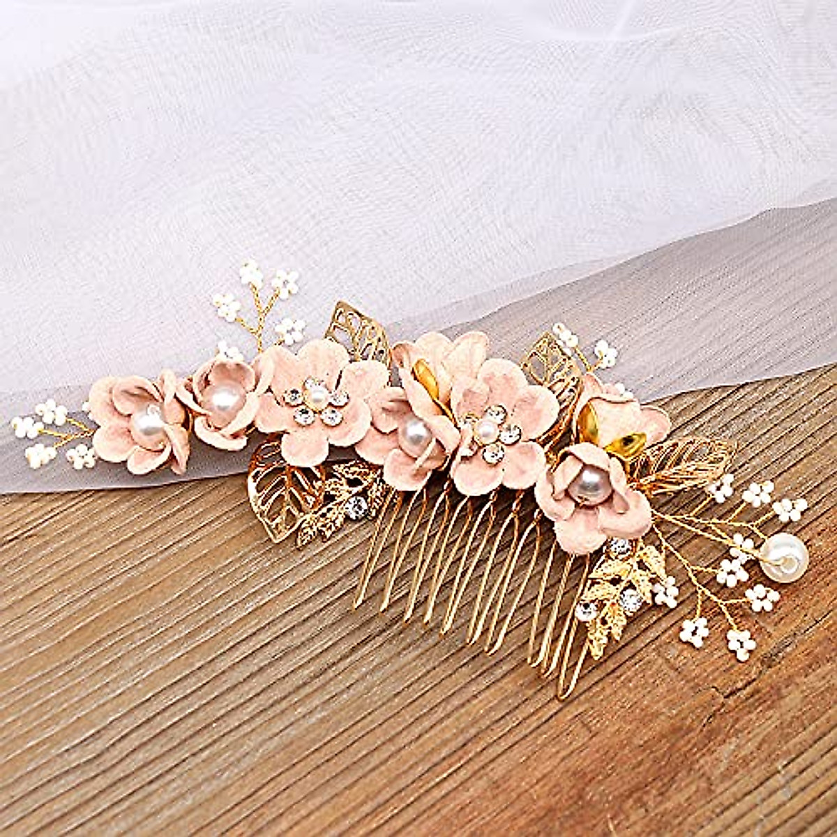 Hair Side Combs Bride Wedding Hair Comb Flowers Pearl Bridesmaids Hair Piece Accessories Vintage Bridal Hair Clips for Women and Girls (Pink)