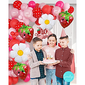 Soonlyn Berry First Birthday Decor 12Ft Strawberry Balloon Arch Kit with Strawberry Balloons Garland Foil First Daisy Dalloons for First Birthday Sweet Baby Shower