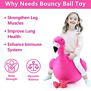 iPlay, iLearn Bouncy Pals Kids Flamingo Hopper Ball, Inflatable Bouncing Animal Hopping Toys, Pink Plush Ride on Bouncer, Outdoor Indoor Active Jumping, Birthday Gift for 3 4 5 6 Year Old Girl Toddler