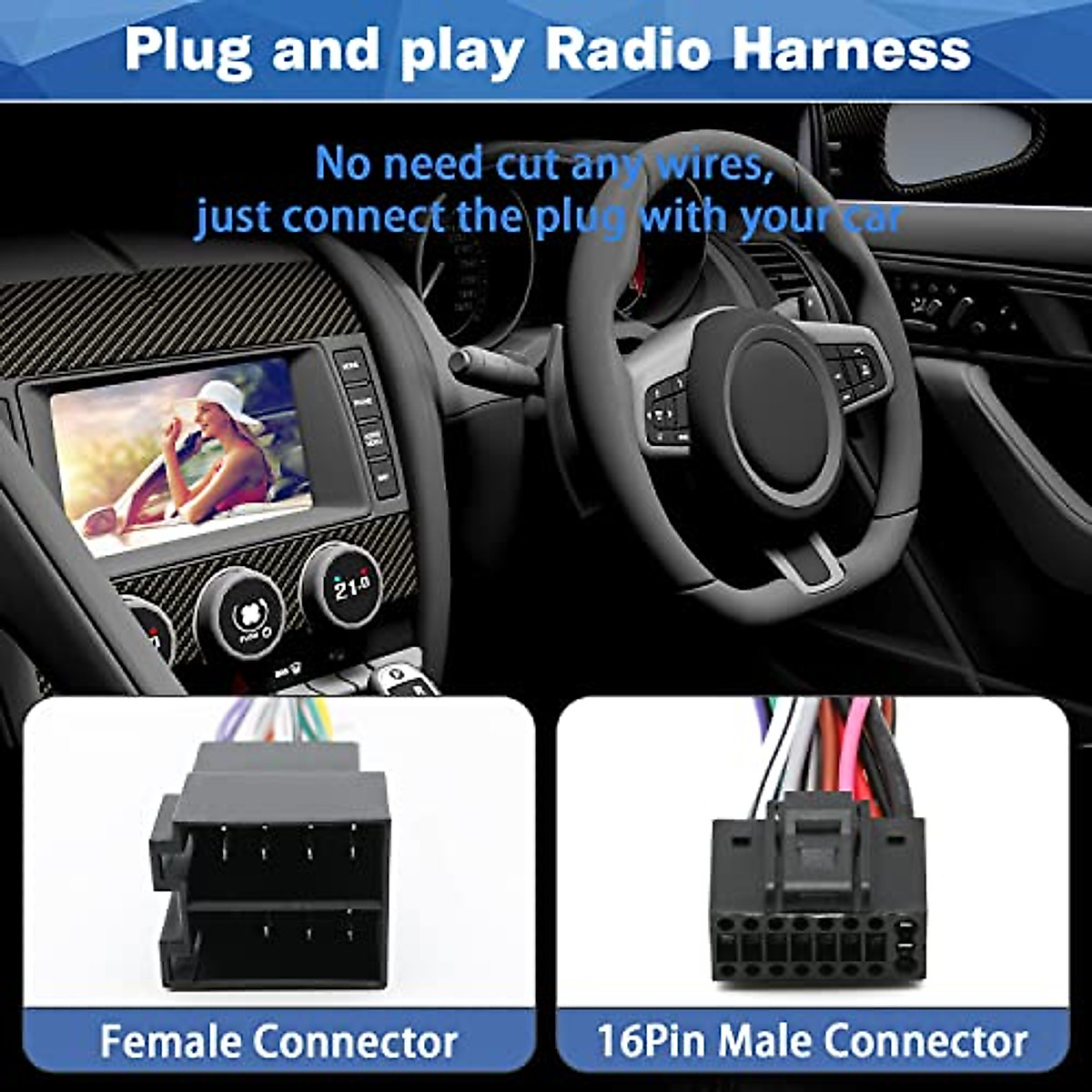 Fiegromech 16 Pin Car Radio Wiring Harness Cable with ISO Socket Replacement for VW/Jetta/Passat Stereo Power Speaker Adapter