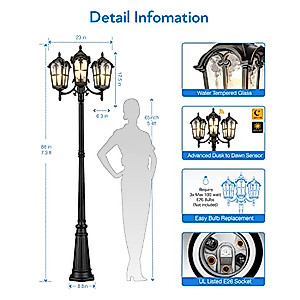 VIANIS 3-Head Outdoor Lamp Post Light Fixture, Black Outdoor Light Dusk Dawn Sensor for Lamp Post, Waterproof Anti-Rust Aluminum Housing with Tempered Glass, Street Light for Garden, Patio, Driveway