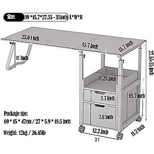 GFertre 2 in 1 Overbed Table with Wheels, Bedroom Side Table, Foldable Bedside Table with Drawer, Height Adjustable Over Bed Desk Laptop Mobile Computer Desk Workstation with Wheels Nightstand (White)