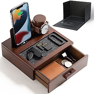 Nightstand Organizer For Men - Wood Phone Docking Station to Charge Your Phone and Organize Your Watch & Accessories - Wood Charging Station with Lined Tray & Drawer - Mens Docking Station Organizer