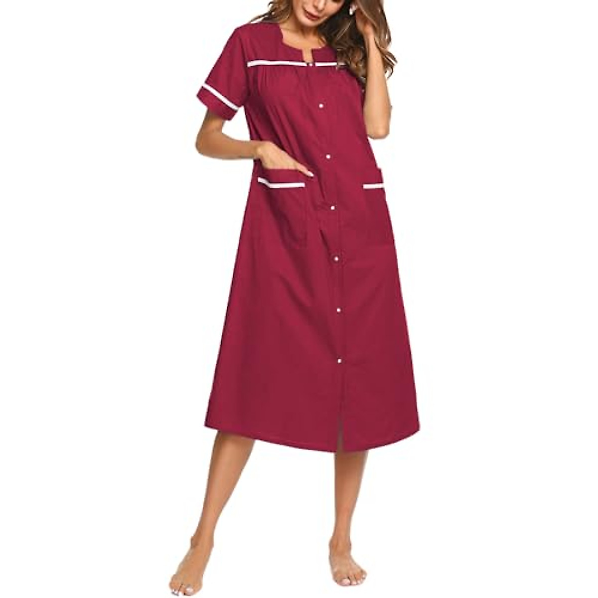 Ekouaer Womens Snap Front Dusters Cotton Housecoat Short Sleeve Nightgown House Dress With Pockets Wine Red S