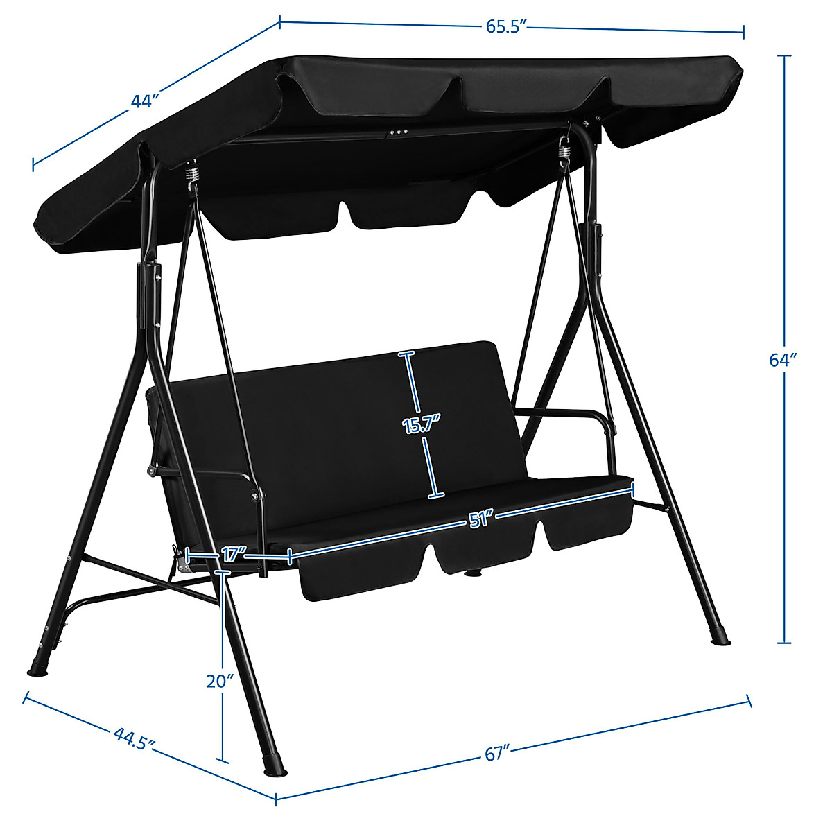 Yaheetech 3-Seat Patio Swing Chair, Outdoor Canopy Swing Porch Swing with Adjustable Canopy & Removable Cushion, Hanging Swing Glider Lounge Chair for Patio, Garden, Yard, Porch - Black