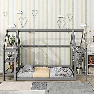 DEYOBED Gray Twin House Floor Bed with 2 Removable Stands - Unique House Design for Kids