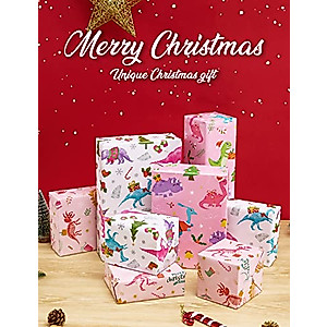 Christmas Dinosaur Wrapping Paper 10 Sheets 20" x 27" Pink Christmas Wrapping Paper Flat Fold Christmas Gift Wrap Paper Pink Girls Wrapping Paper Kids Dinosaur Gift Wrap Dino Birthday Wrapping Paper