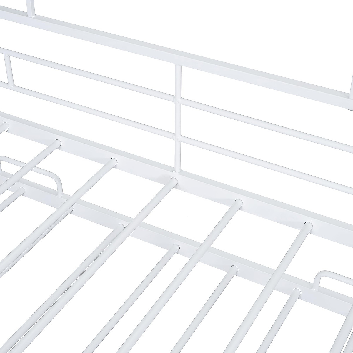 Linique Twin Size Metal House Bed with Trundle,Twin Size Platform Metal Bedframes with Built-in Shelf and Grid,White