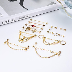 Sanfenly Industrial Piercing Jewelry 14G 16G Stainless Steel Industrial Earrings with Chain Dangle Industrial Piercing Bar Double Cartilage Helix Piercing Earrings Industrial Barbell for Women Men