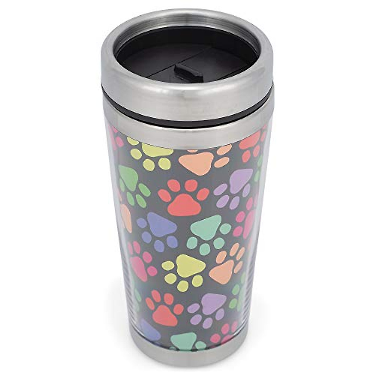 Elanze Designs Colorful Paw Prints on Black 16 Oz Stainless Steel Travel Mug