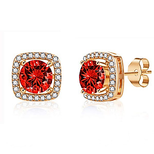 Austrian Crystal Cushion Cut Halo Stud Earrings for Women Fashion 925 Sterling Silver Hypoallergenic Jewelry (Red)