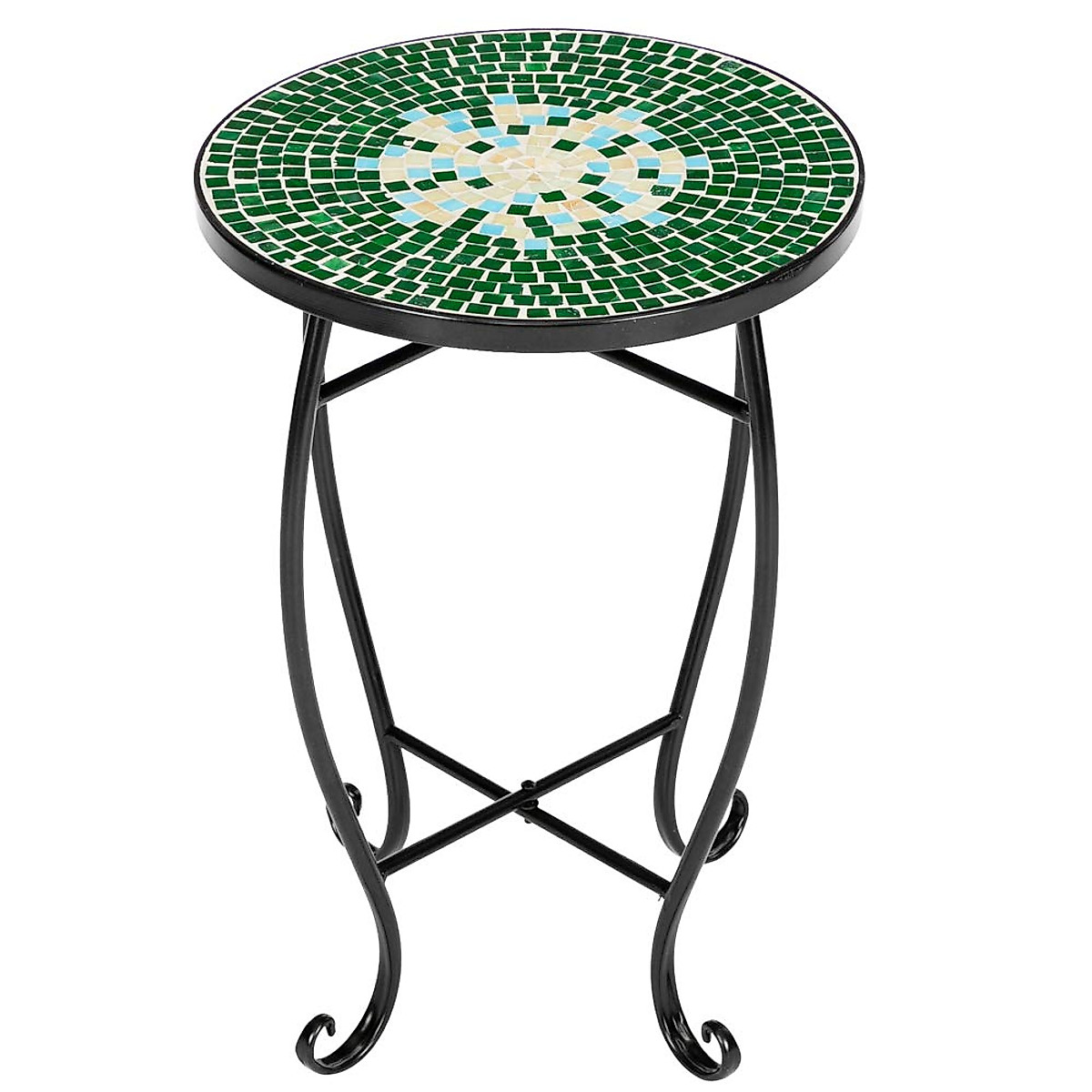 Outdoor Side Table, Metal Coffee End Table, Mosaic Accent Table, Small Terrace Bistro Table, Plant Stand for Patio Porch Beach Balcony, Glass Top & Black Iron, 14 Inch (Green Flowers)