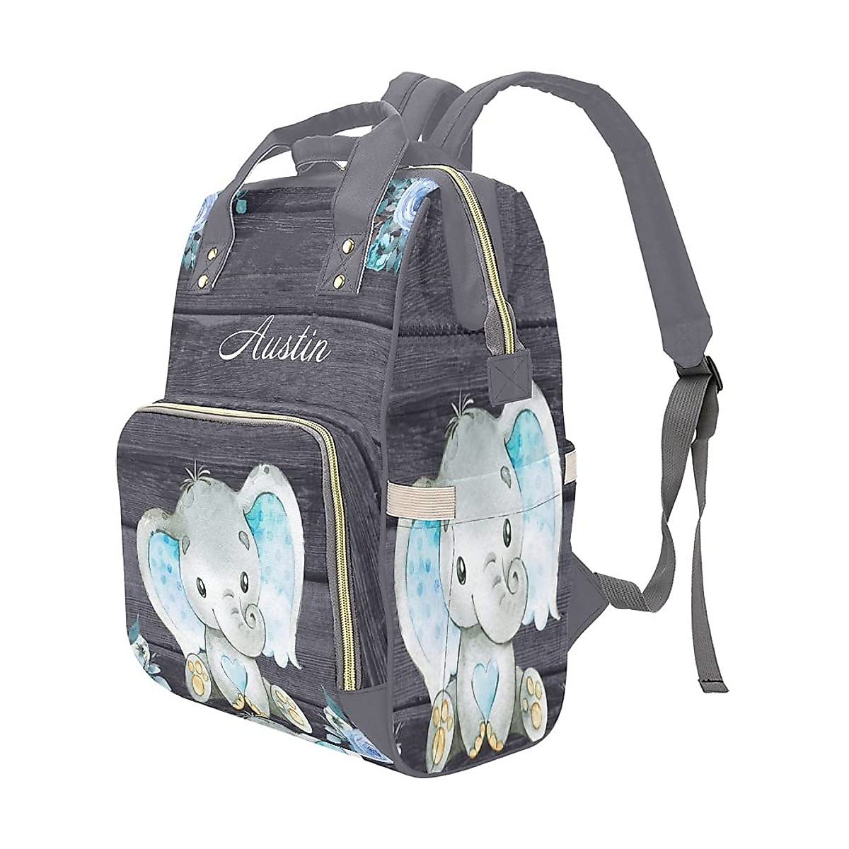 SunFancy Personalized Cute Blue Elephant Floral Diaper Backpack with Name Text Large Capacity Custom Multi-Function Bag Unisex Travel Backpack for Mom Dad Boy Girl, 10.83 in L x 6.69 in W x 15 in H