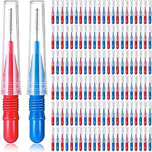 150 Pieces Interdental Brush Toothpick Tooth Flossing Head Oral Interdental Brush Flosser Toothpick Cleaners Tooth Cleaning Tool (Red, Blue,0.1 Inch, 0.12 Inch)