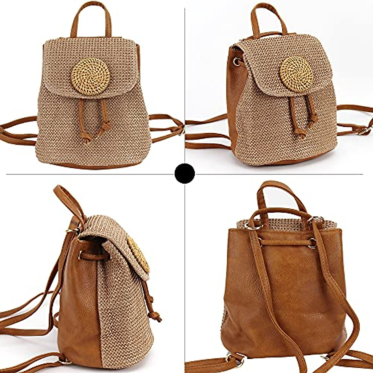 Felice Ann Women Small Straw Woven Backpack Daypack Cross-body Shoulder Bag