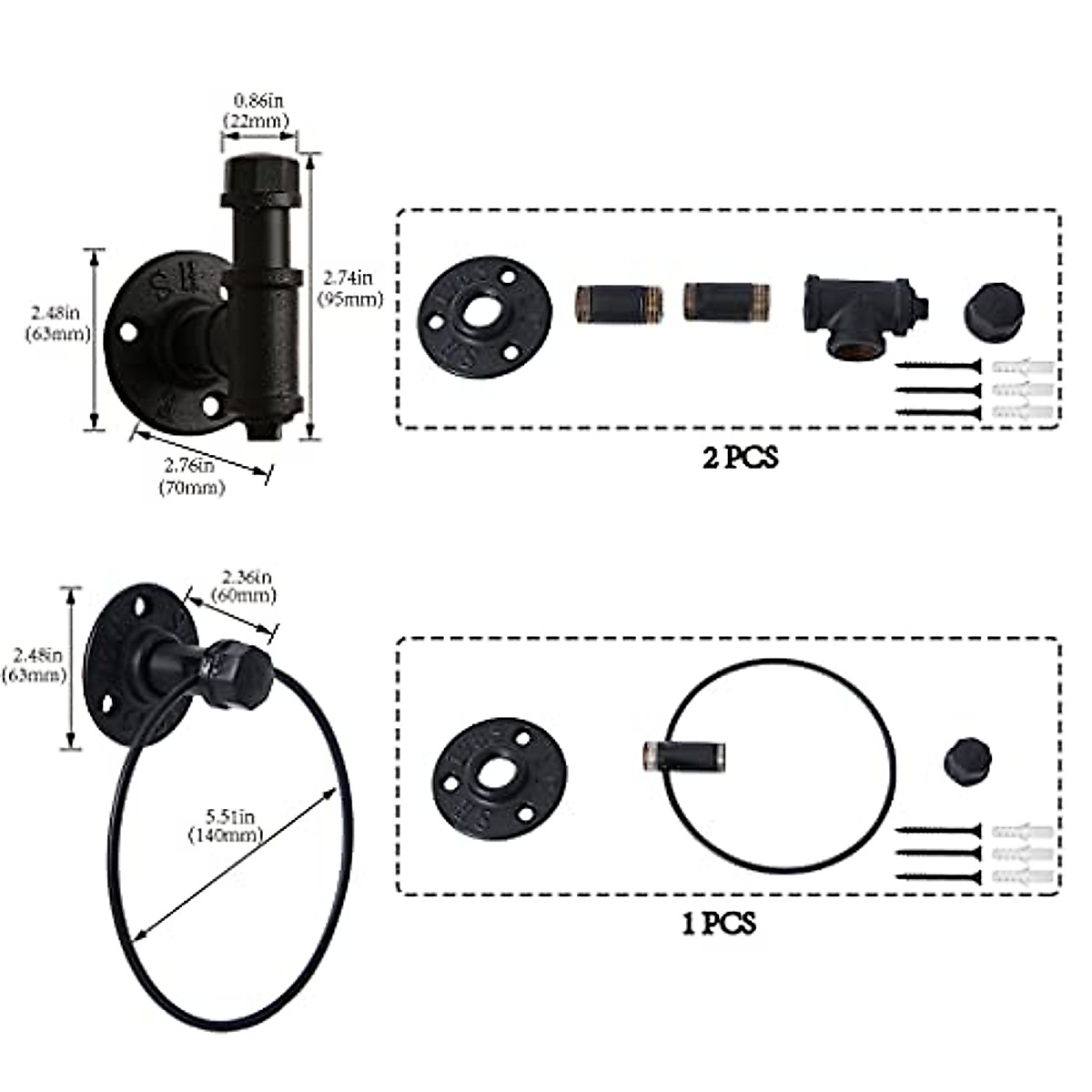 3-Pack Industrial Pipe Bathroom Hardware Accessories Set, Include 2 Robe Coat Towel Hook and 1 Towel Ring for Hanging. 1/2" inch Threaded Heavy Duty Wall Mounted Rustic Decor Accessories Kit (Black)