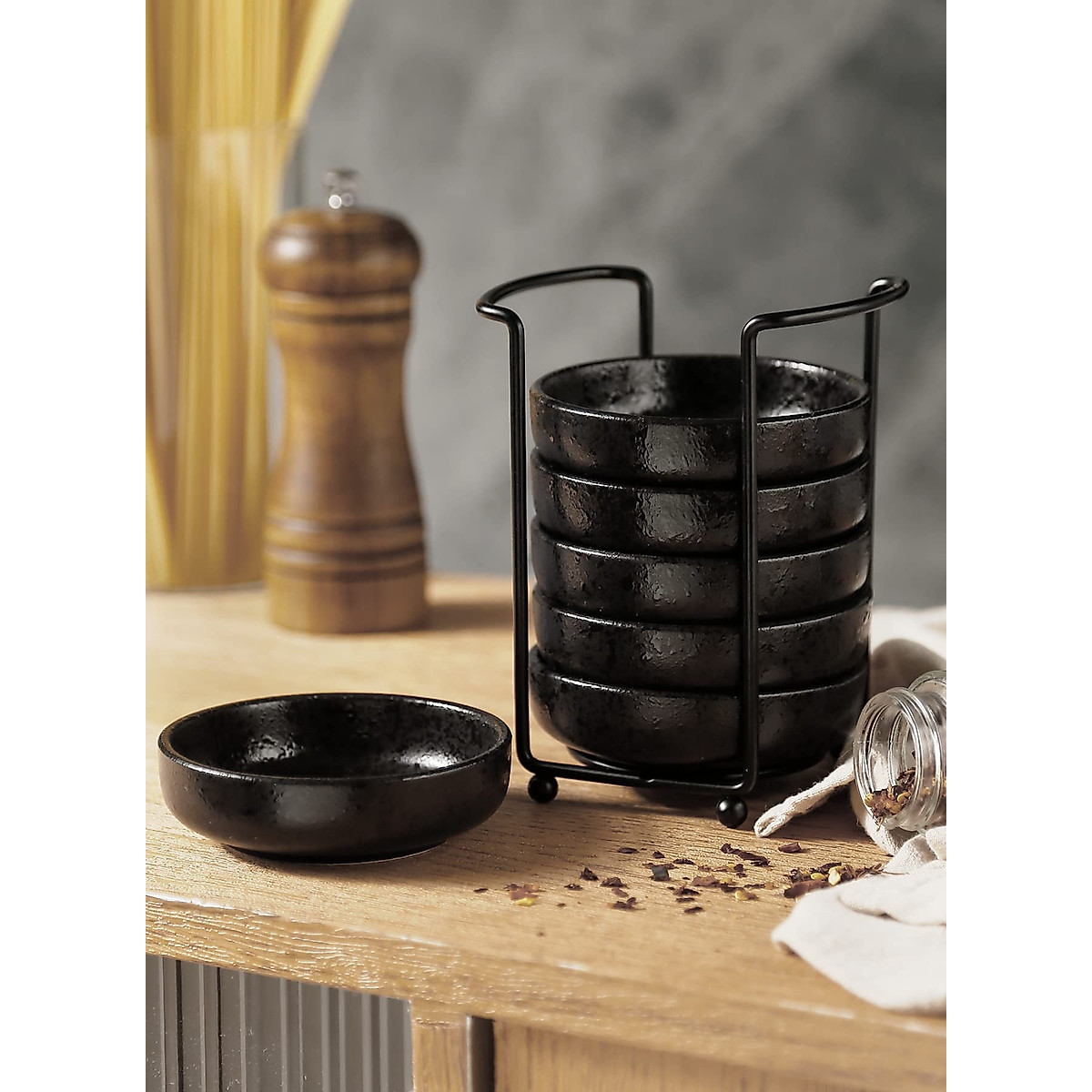 Ghaexui Japanese Ceramic Soy Sauce Dishes, Dipping Bowls, Side Dishes, Sauce Bowls-3.5 Inch, with Metal Stand for Ketchup Soy Sauce Sushi BBQ Party, Set of 6, Black