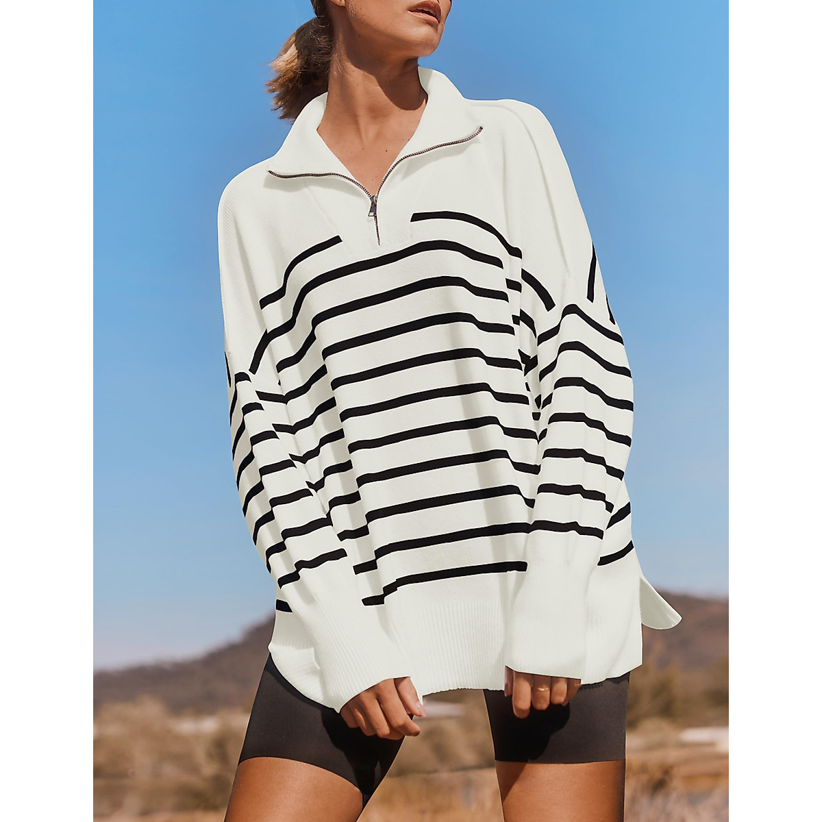 ZESICA Women's Striped Sweaters Half Zipper Long Sleeve Ribbed Knit Loose Oversized Pullover Sweater Tops,White,Large