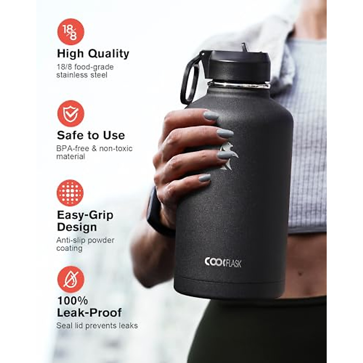 64 oz Water Bottle Insulated with Straw & 3 Lids, Coolflask Large Metal Stainless Steel Water Jug Big Half Gallon Wide Mouth for Sports, Gym or Office, BPA-Free Keep Cold 48H Hot 24H, Magic Black
