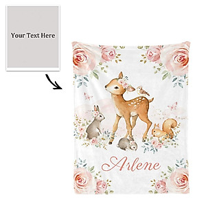Yeshop Deer Bunny Floral Pink Woodland Personalized Receiving Baby Blankets for Girls Boys with Name,Customized Swaddle Blankets Gift for Newborn Crib Infants 30x40 Inches